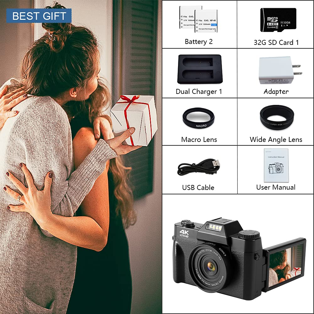 4K Digital Cameras for Photography 48MP Vlogging Camera 16X Digital Zoom Manual Focus Rechargeable Students Compact Camera with 52mm Wide-Angle & Macro Lens, 32G TF Card and 2 Batteries