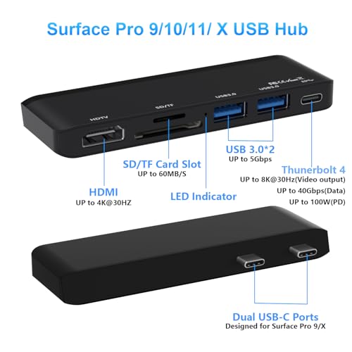 Surface Pro 9/10/11/X Accessories, Surface Pro 9 Docking Station with 4K HDMI, USB-C Thunerbolt 4 (Display+Data+PD Charging), 2 USB 3.0, SD/TF Card Reader for Surface Pro 9/Pro10/Pro11/ProX