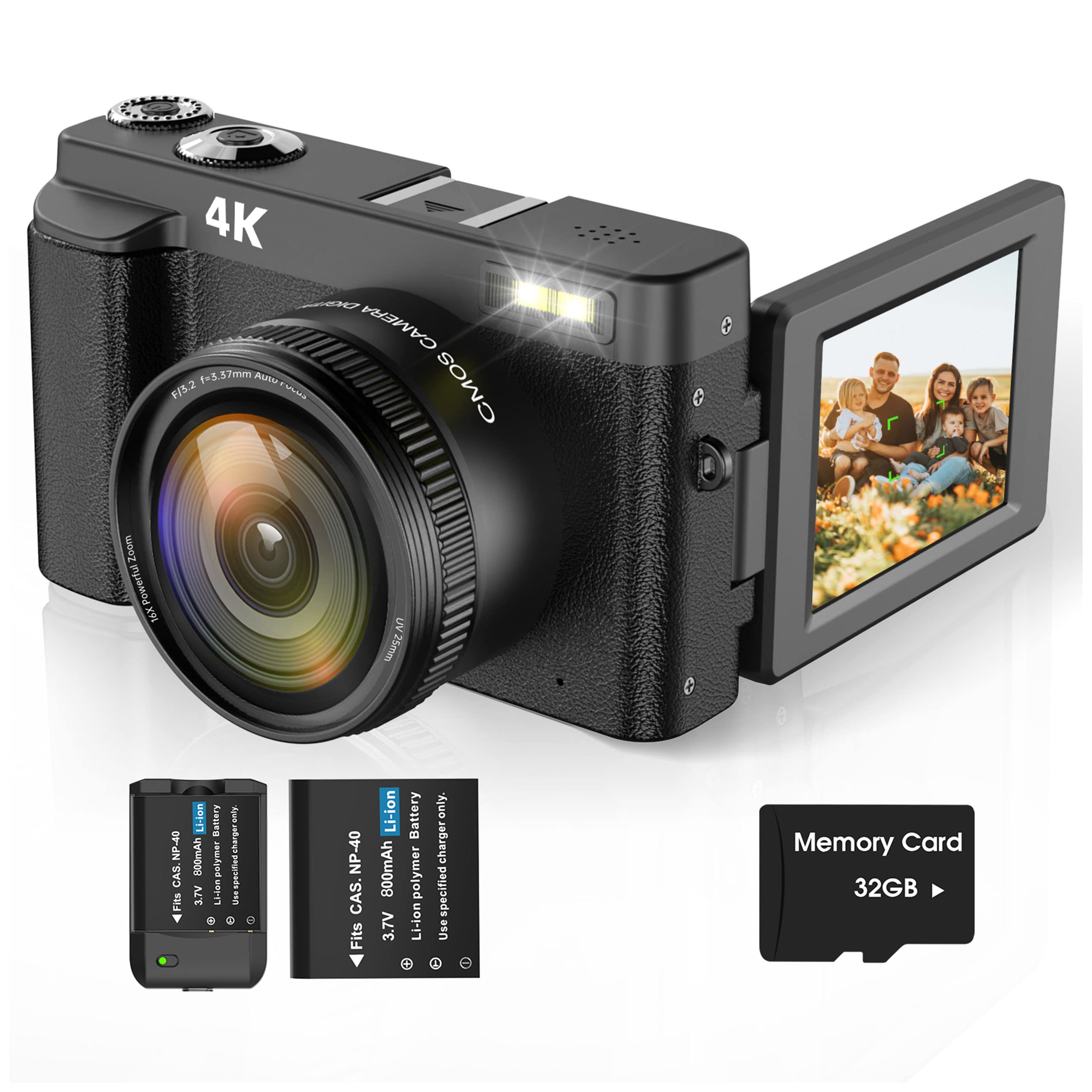 4K Digital Camera for Photography Autofocus 48MP Vlogging Camera with Flash 3'' 180°Flip Screen,16X Digital Zoom Anti-Shake Video Camera for YouTube, Point Shoot Digital Cameras with 32GB SD Card
