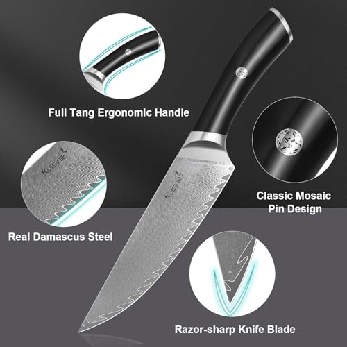 Authentic Damascus Knife Set, Ultra Sharp Blade Ergonomic Non-slip Handle, Kitchen Utensils Set Chef Knife Block Set with Built-in Sharpener, Luxury Gift for Holiday(Silver, 14PCS)