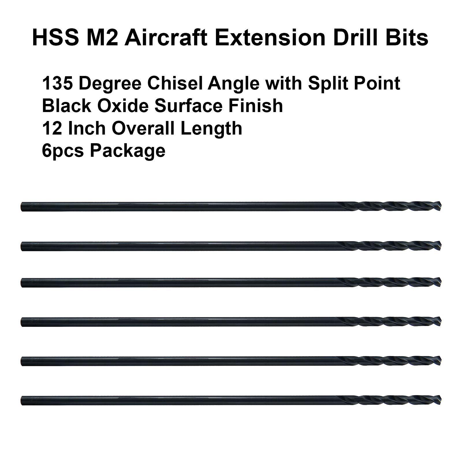 MAXTOOL 7/32"x12" 6pcs Identical Aircraft Extension Drills HSS M2 Extra Long Deep Twist Drill Bits Straight Shank Fully Ground Black; ACF02B12R14P6