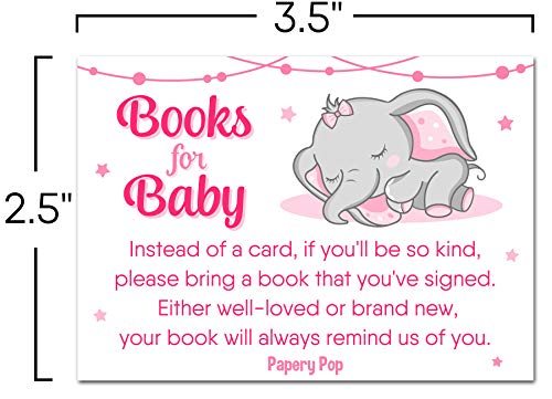 50 Books for Baby Shower Request Cards for Girl (50 Pack) - Elephant - Bring a Book Instead of a Card - Baby Shower Invitations Inserts Supplies