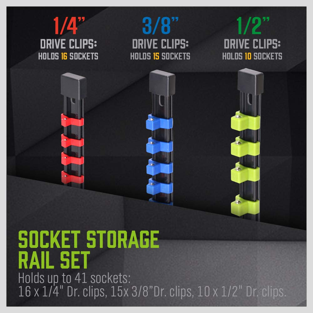 6-Piece Socket Organizer Drive Socket Holder Set - Socket Rails with 1/4-Inch, 3/8-Inch, 1/2-Inch Clips - Secure, Universal Compatibility - Heavy-Duty ABS Construction, Easy to Install