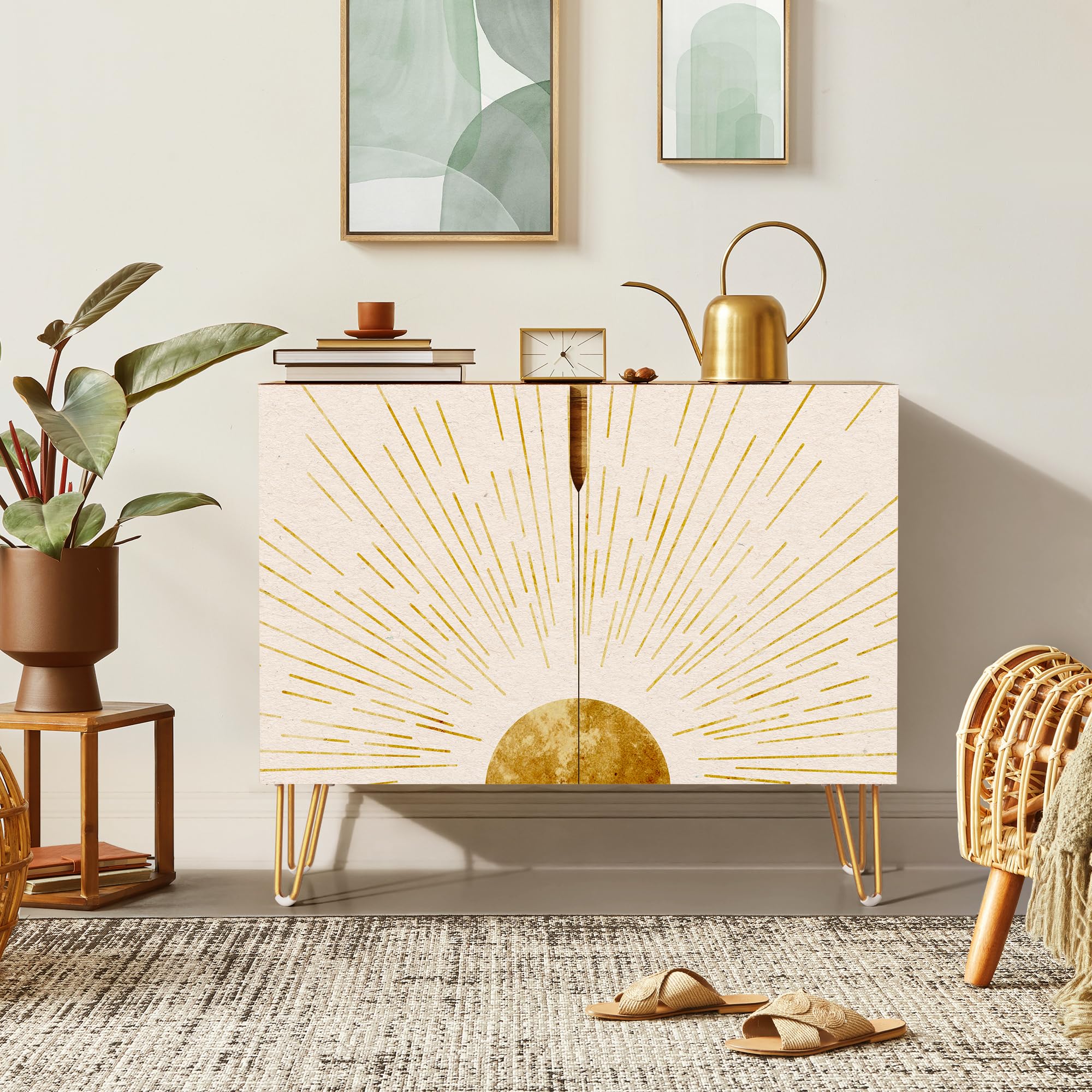 SIGNWIN Sideboard Buffet Cabinet, Kitchen Storage Cabinet with 2 Doors, Golden Rising Shining Sun Horizon, Cupboard Console Table for Dining Room - 35" L x 18" W x 29" H