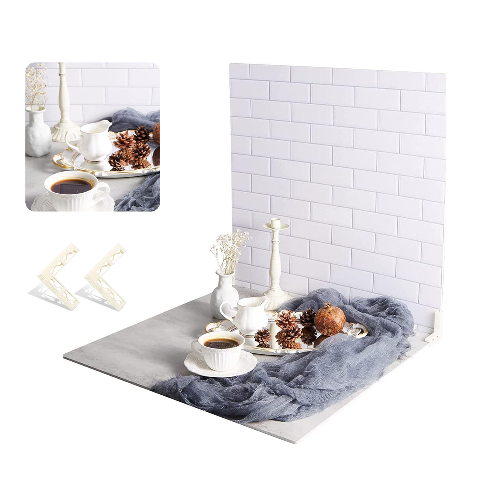 BEIYANG 2 PCS 24X24 in Photography Backdrop Boards with 2 PCS Brackets, Brick Wall Cement Backdrop Boards Kit for Flat Lay or Food Photography