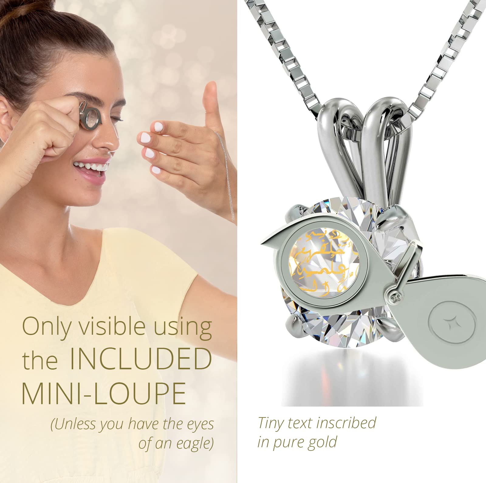 925 Sterling Silver Arabic Necklace Islamic Ayatul Kursi Inscribed in 24kt Gold on Clear Crystal, 18"
