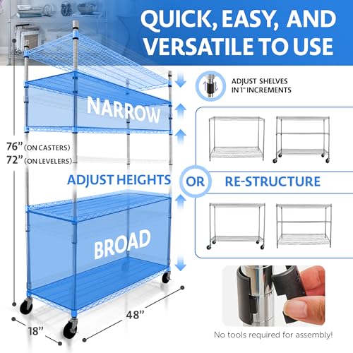 Crescent, Chrome, 48 x 18 x 76, 4000 LBS, Metal Shelves for Storage with Wheels, Ideal for Garage Shelving, 5 Tier Wire Shelving Rack for Kitchen Storage, Heavy Duty Shelving for Home Storage