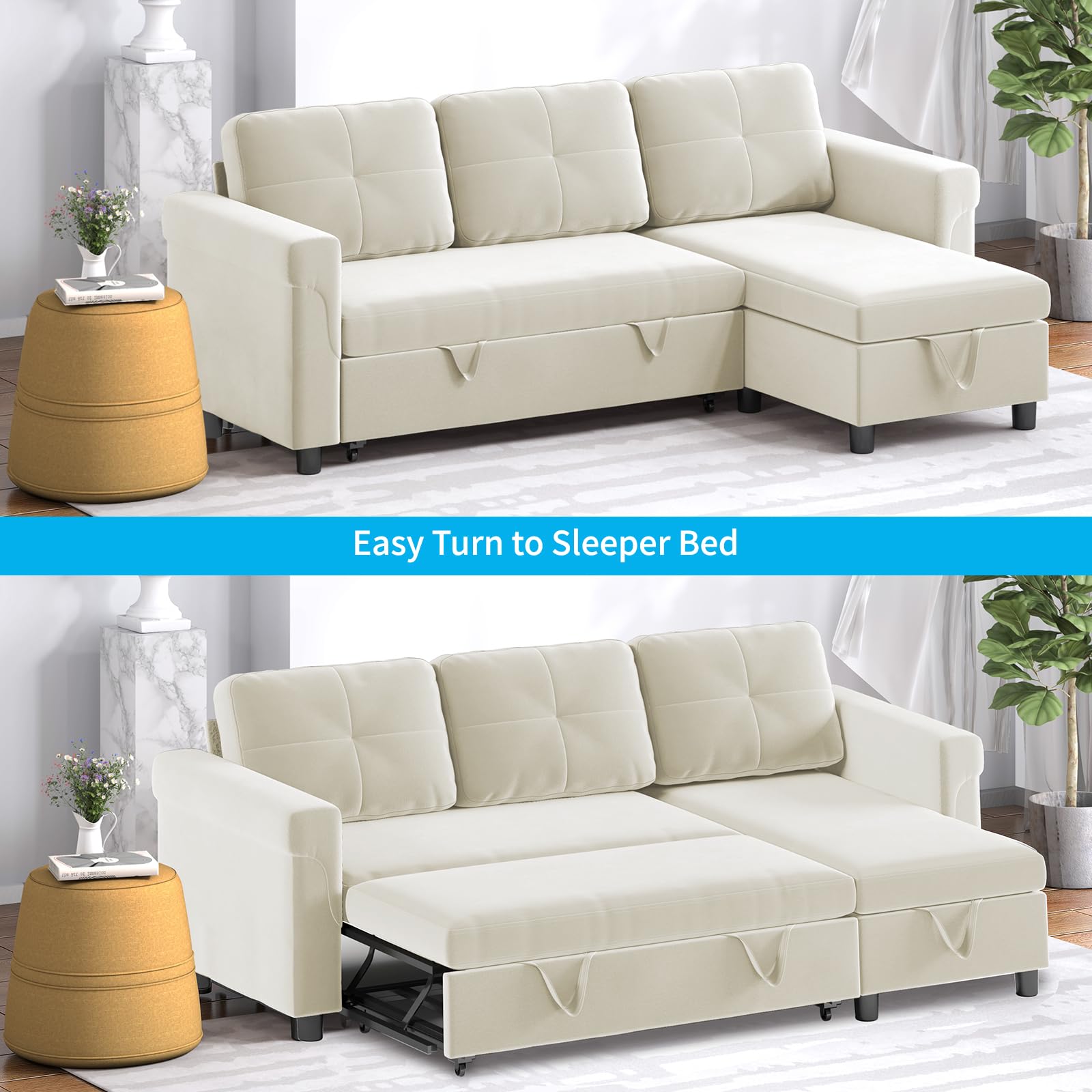 Mjkone 3 Seat L-Shape Sectional Sofa Couch with Pull Out Bed and Reversible Storage Chaise, Modern 84 Inch Sleeper Sofa with Breathable Velvet Fabric for Living Room, Beige