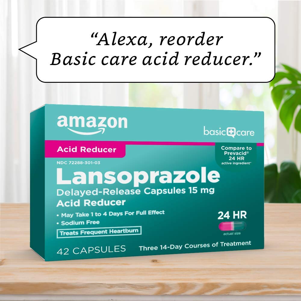 Amazon Basic Care Lansoprazole Delayed Release Capsules, 15 mg, Proton Pump Inhibitor, Treats Frequent Heartburn, 24 Hour Heartburn Medicine, 42 Count