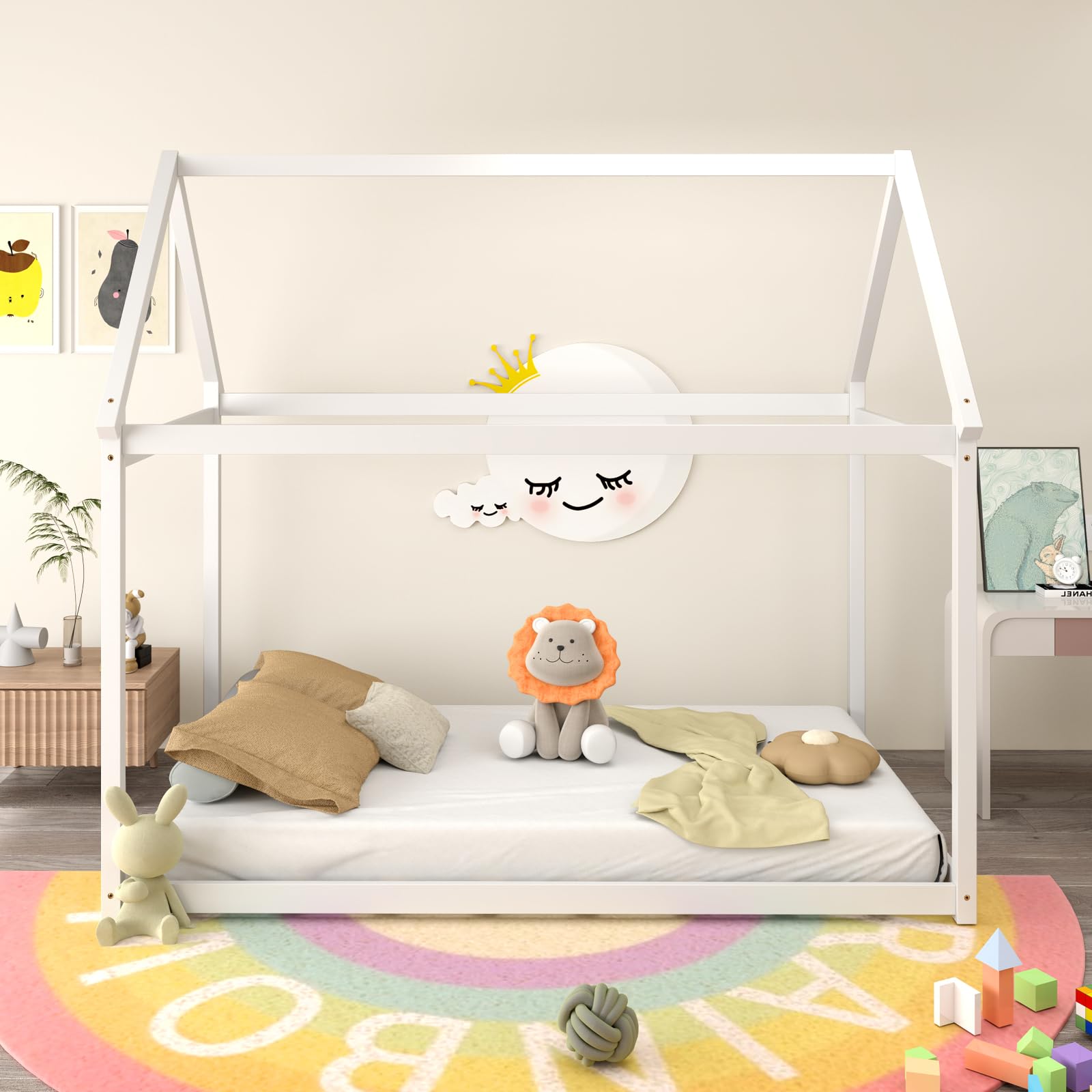 KOMFOTT Twin House Bed Frame for Kids, Solid Wood Kids Platform Floor Bed with Roof & Multiple Slats, Toddler Floor Tent Bed Frame for Girls Boys, No Box Spring Needed (White)