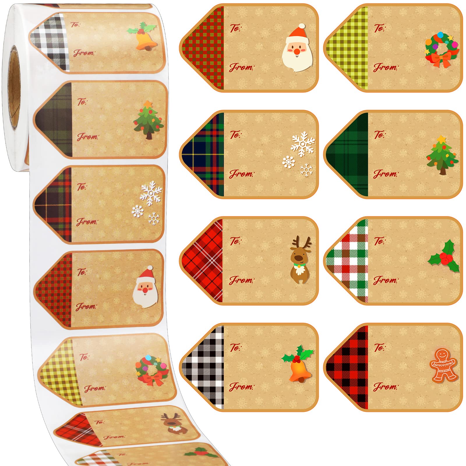 800 Pcs Christmas Gift Tag Stickers Self Adhesive Christmas Name Stickers roll Santa Claus Elk Christmas Sticker to from Label for Xmas Holiday Envelope Seals Presents Box Decoration (Plaid Style)