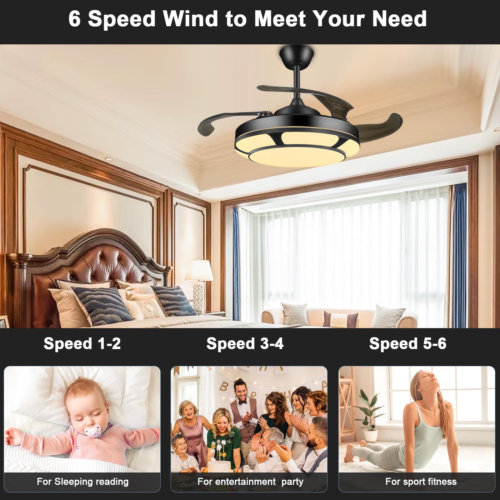 42 in Ceiling Fan,Retractable Ceiling Fans with Lights Remote Control,Ceiling Fans with Bladeless,Enclosed Fan with Dimmable Light,3 Color Ceiling Fan Light,Silent Fan Noiseless DC Motor (Black)