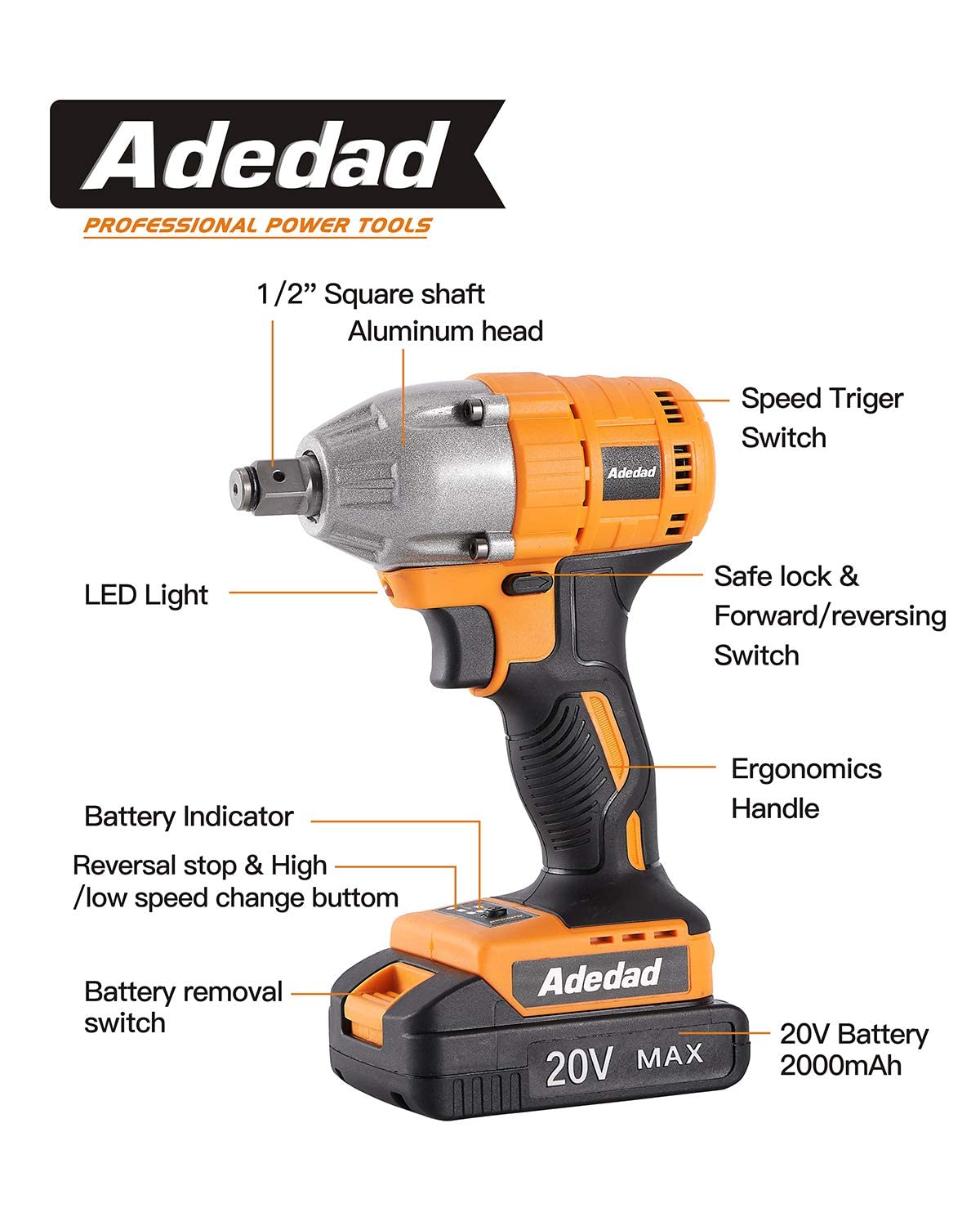 Adedad 20V Brushless 1/2 inch Cordless Impact Wrench with Battery, Fast Charger, LED Light - 240 ft-lbs Torque 3000 RPM