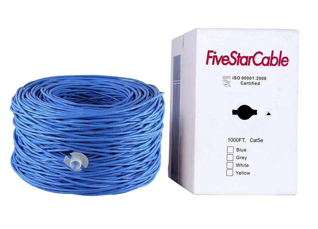 FiveStarCable Cat5e 1000 Ft. Ethernet 24AWG 4 Twisted Pair UTP Internet Network Router LAN IP Camera System Bulk Cable Wire Pull Box - Blue Color