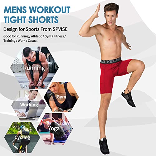 3 Pack Compression Shorts for Men Red Spandex Running Workout Athletic Baselayer Underwear Fitness Shorts Pocket