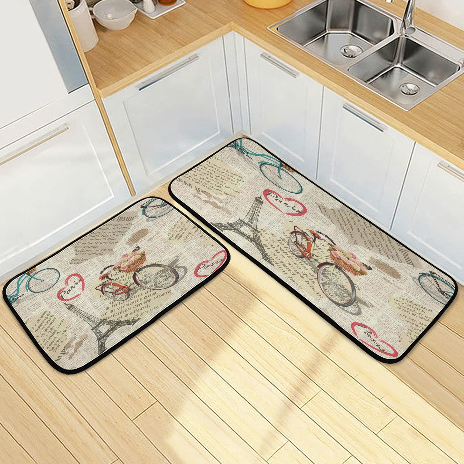 ALAZA Vintage Paris Eiffel Tower France Newspaper 2 Piece Kitchen Rug Floor Mat Set Runner Rugs Non-Slip for Kitchen Laundry Office 20" x 28" + 20" x 48"