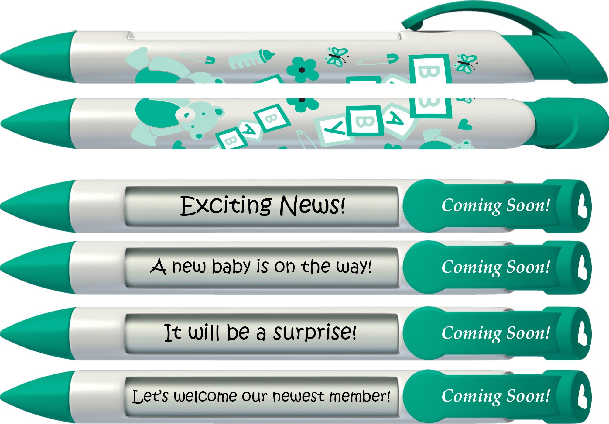 Greeting Pen Personalized Pens- Baby Coming Soon Shower Favor/Birth Announcement Rotating Message Pen - 25 Pack (P-BP-27-25)