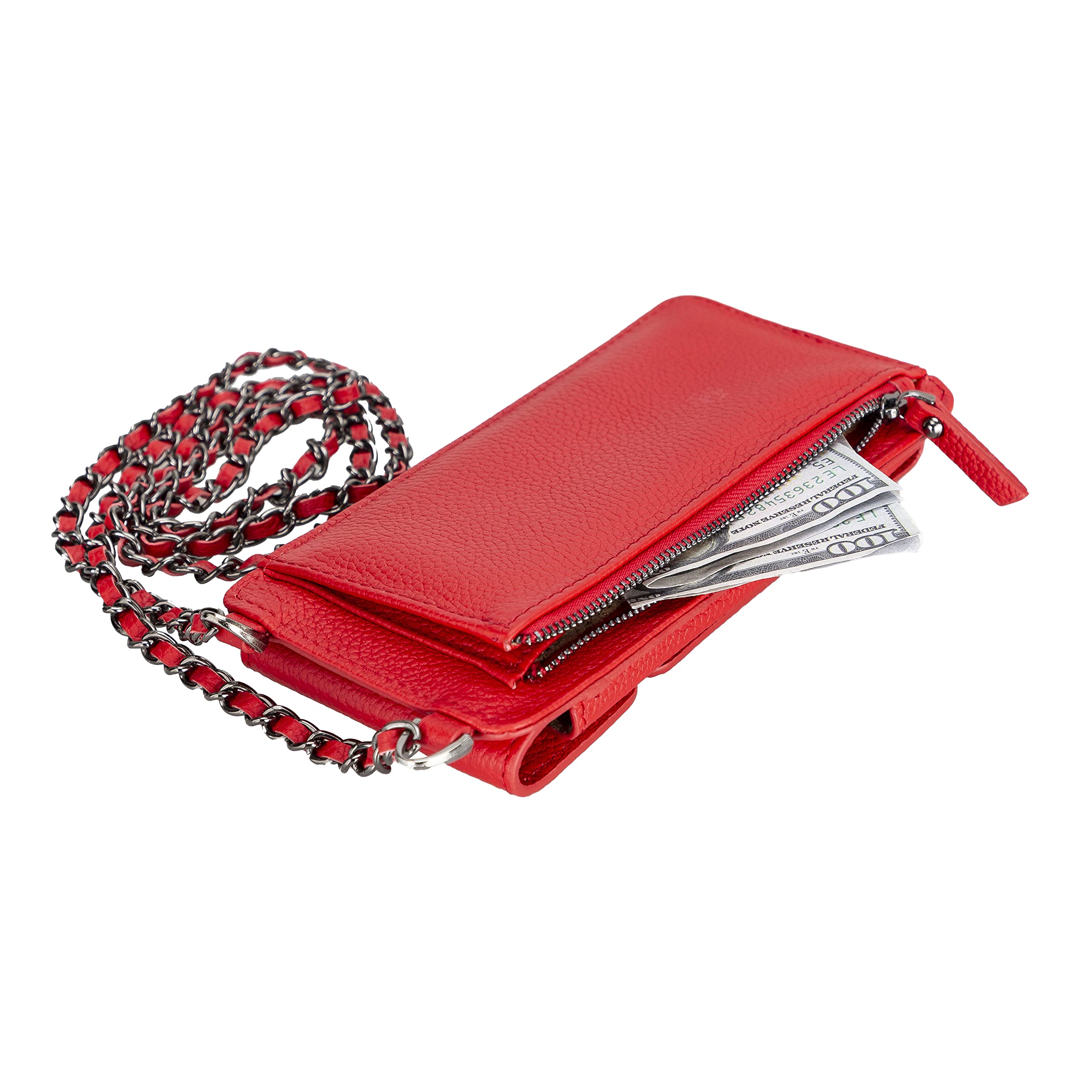 BOULETTA Crossbody Bag Cellphone Purse for Women-Leather Zipper Shoulder Wallet with Phone Pocket and Chain Strap 4 Card Slots Small