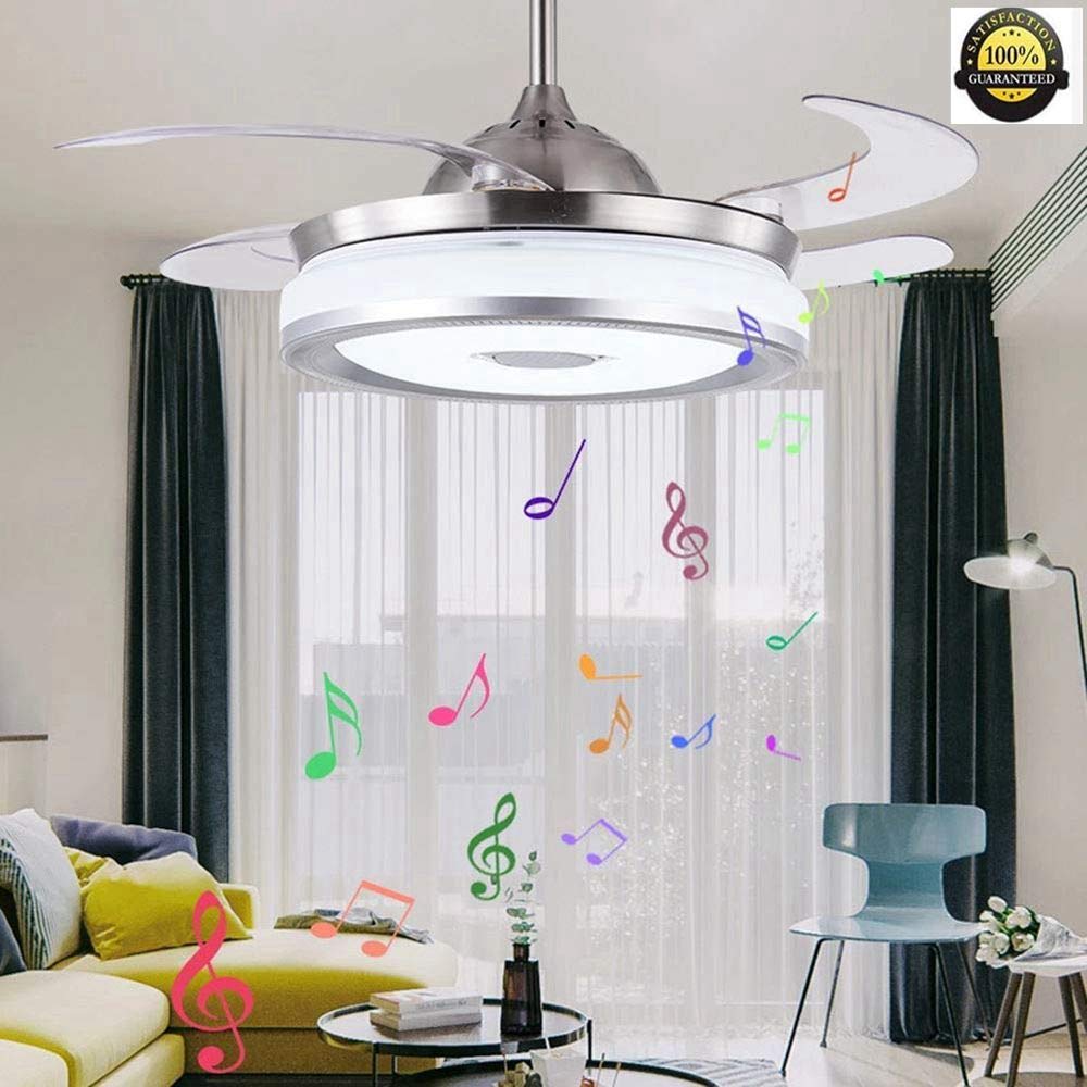 42 Inch Modern Retractable Ceiling Fans with Light Smart Bluetooth Music Player Chandelier 7 Colors Invisible Blades with Remote Control 36W