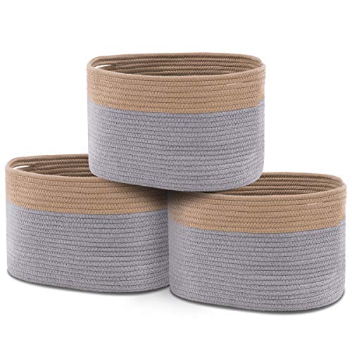 YOUDENOVA Rope Basket for Storage, Woven Storage Basket Bins, Set of 3, Nursery Basket for Toys, Throws, Makeups, Brown & Grey