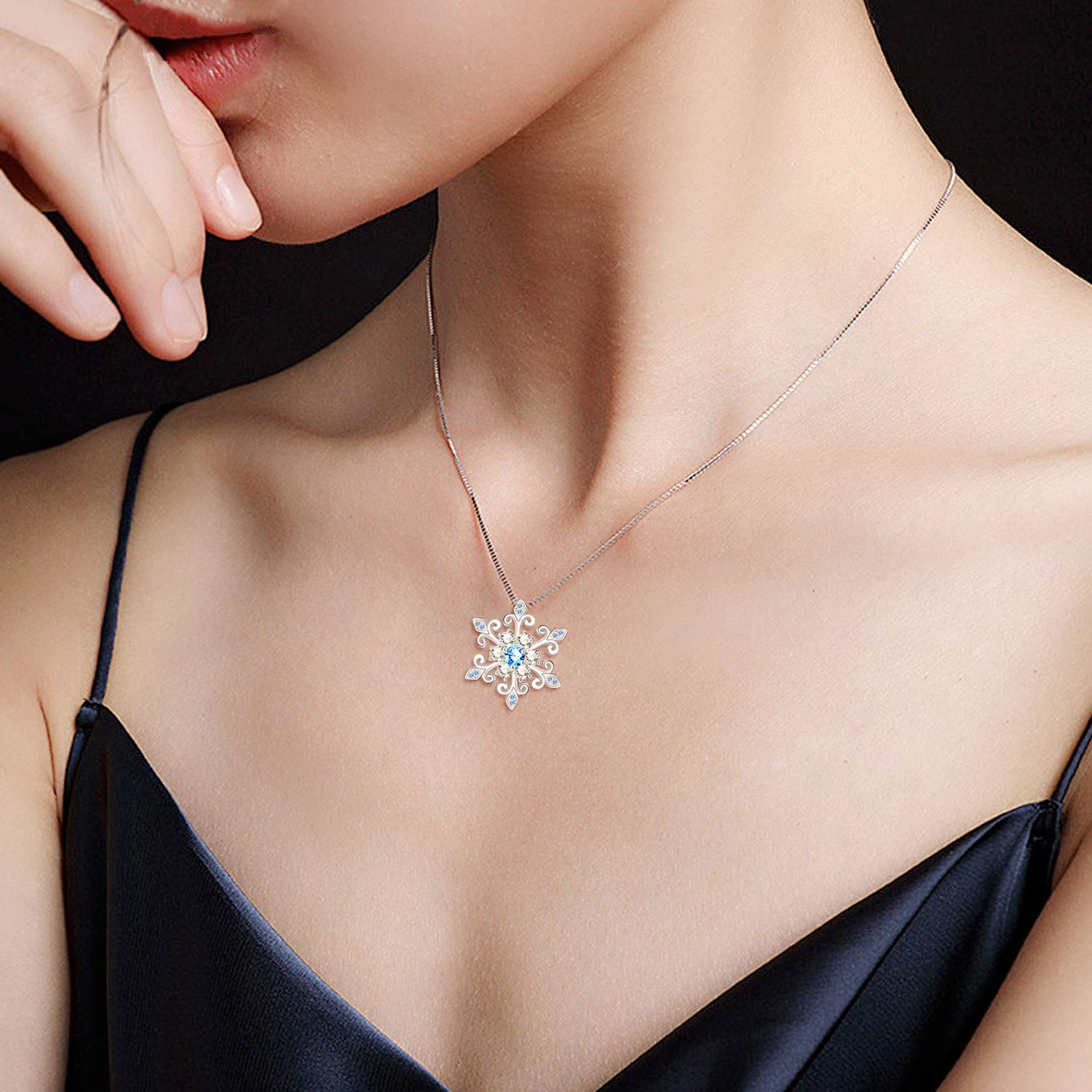 925 Sterling Silver Snowflake Pendant Necklace Blue and White Fleur De Lis, Romantic Jewelry Gift for Her Birthday