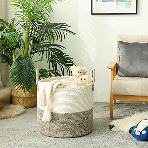 KAKAMAY Large Cotton Rope Blanket Basket (20"x13"),Woven Baby Laundry Hamper,Blanket Basket for Nursery, Laundry, Living Room, Pillows, Toys (White/Beige)