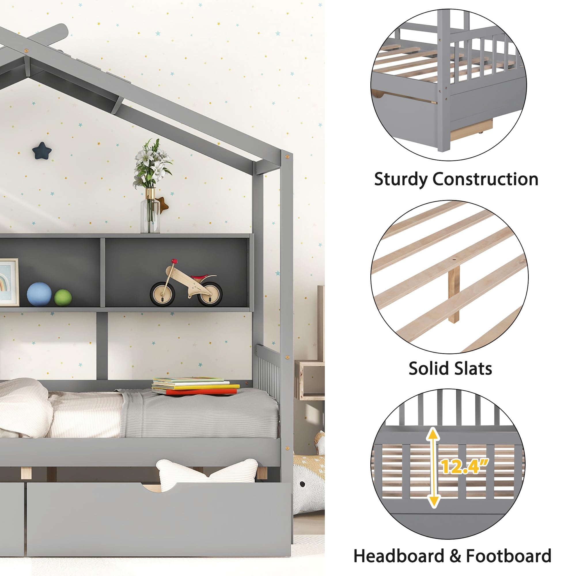 Bellemave Full Size House Bed with 2 Storage Drawers,Kids Bed with Storage Shelves,Wooden House Bed Frame for Girls,Boys,Can be Decorated,Gray