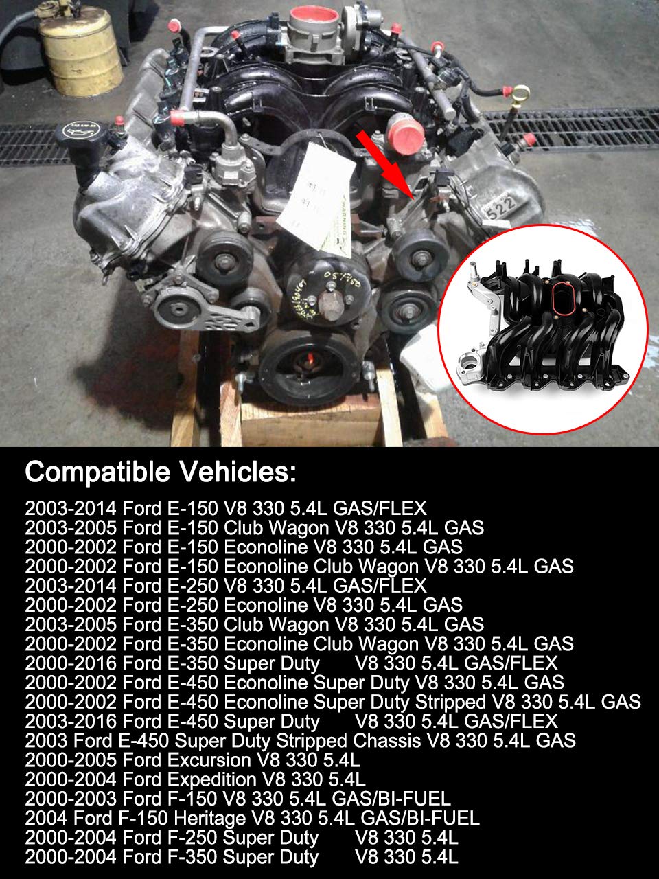 615-188 Upper Intake Manifold with Gasket Kit Fits for Ford E-150 E-250 2003-2014 E350 Super Duty 00-16 E450 Super Duty 03-16 Excursion 00-05 Expedition 00-04 F150 F250 F350 00-04 V8 5.4L 2L1Z-9424-AA