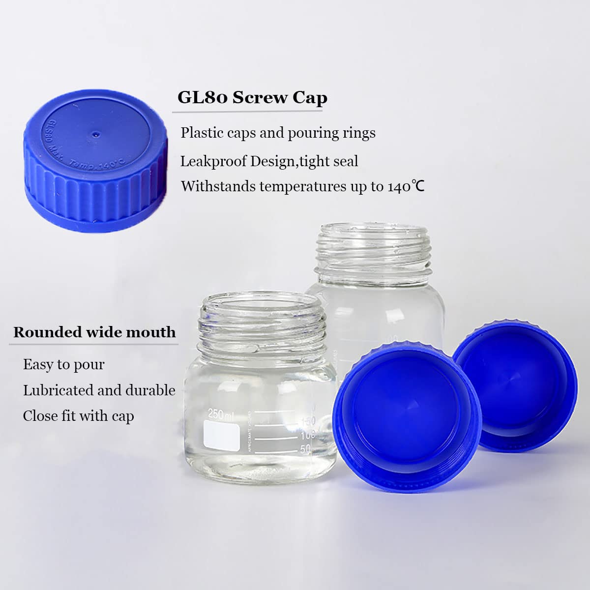6 Pack 250mL Wide Mouth Media Bottle,Round Reagent Media Bottle with GL80 Screw Cap,Storage Lab Glass Bottle,Premium Scientific Glassware for Labs, Classrooms or Home Use Glass Container (250ML)