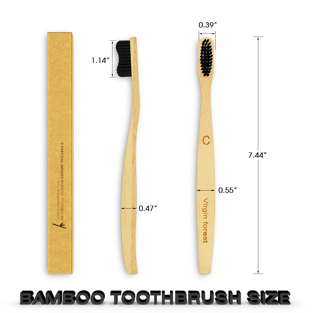 Virgin Forest Bamboo Toothbrush, Natural Eco Friendly Biodegradable Charcoal Tooth Brushes, Pack of 6