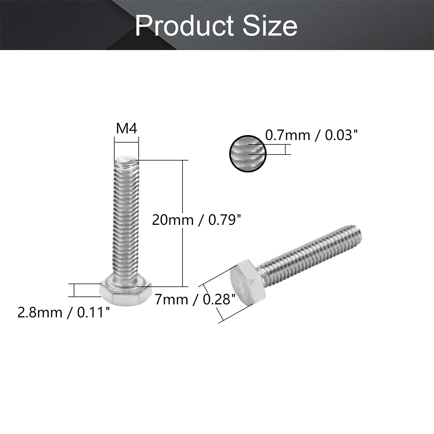 MroMax 20Pcs M4 x 20mm Hex Head Screws Bolts, 304 Stainless Steel 18-8, Fully Threaded, External Hex Drive, for Mounting Chair, Handles, Rail, Pump, Wheels, Antenna Parts, Boat and Plastic Bumpers
