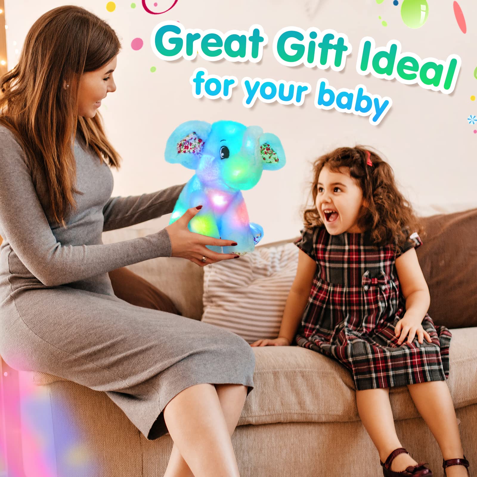 BSTAOFY Light up Elephant Soft Plush Toy Cozy Floppy LED Stuffed Animals Lullabies Nightlight Bedtime for Kids Birthday Valentines for Toddlers 12ββ