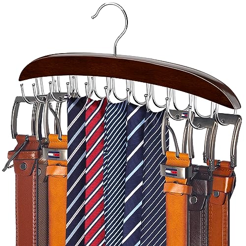 Belt Hanger Organizer, Upgraded Tie and Belt Organizer, 20 Hooks Wooden Belt Rack for Storage, 360°Rotating Space Save Belts Organizer for Tie, Tank Top, Scarf, Stored Up to 60 Belts-Red