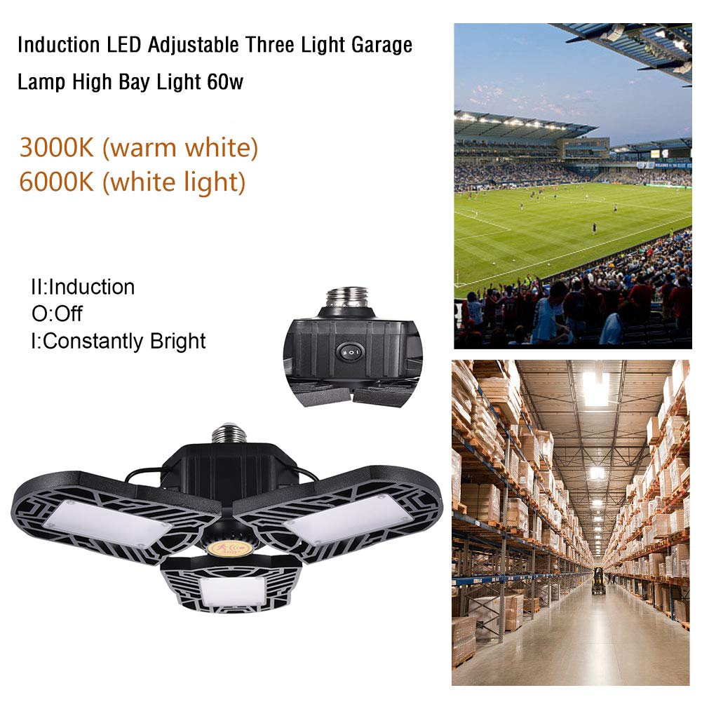 60W Deformable LED Garage Light, Motion Activated Garage Lighting, 6000LM Ceiling Light E26/E27 Factory Industrial Lighting, Cold White 6000K Light IP65 For Garage, Warehouse, Workshop