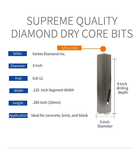 ALSKAR DIAMOND APDB 3 inch Dry Drill Core Bits with Diamond Aligned Segment for Brick Concrete Masonry 5/8"-11 Threaded (3")