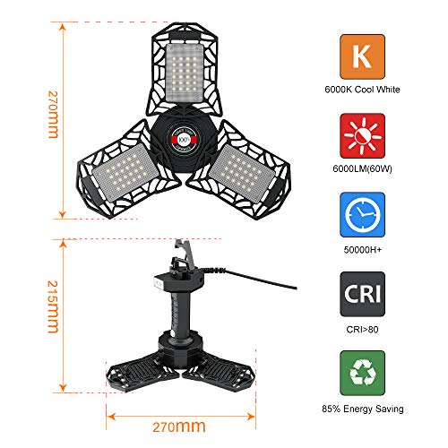 60W LED Garage Lights with Hook and Plug, 6000LM 6000K Super Bright LED Garage Ceiling Lights, Handheld Deformable LED Shop Lights with Adjustable Panels for Garage, Workshop, Warehouse