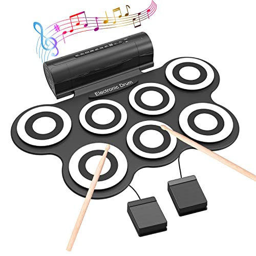 7 Pads Electronic Drum Set, Electric Drum Pad Roll-Up Drum Practice Pad Drum Kit Built-in Speaker with Drum Pedals Drum Sticks 10 Hours Playtime, Great Holiday Birthday Gift for Kids-White