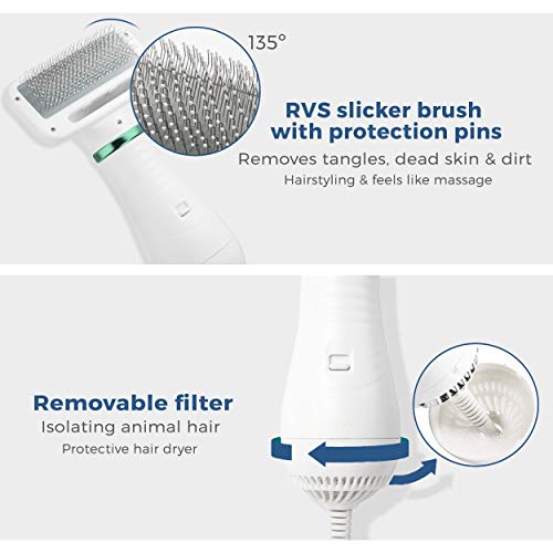 KUUBIA Pet Hair Dryer | Portable and Quiet 2 in 1 Pet Grooming Hair Dryer Blower with Replaceable Slicker Brush | Adjustable Temperature | for Small and Medium Dogs and Cats