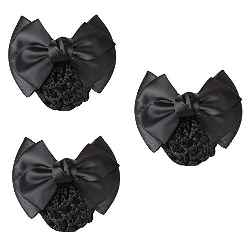 MOTZU 3 Pieces Bowknot Snood Net Barrette Hair Clip Bun Cover Hairnet Lace Bow Decor for Woman, Color Black