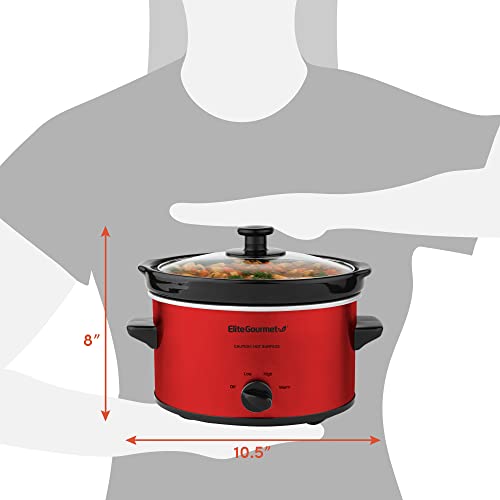 Elite Gourmet MST-275XR Electric Oval Slow Cooker, Adjustable Temp, Entrees, Sauces, Stews & Dips, Dishwasher Safe Glass Lid & Crock (2 Quart, Metallic Red)