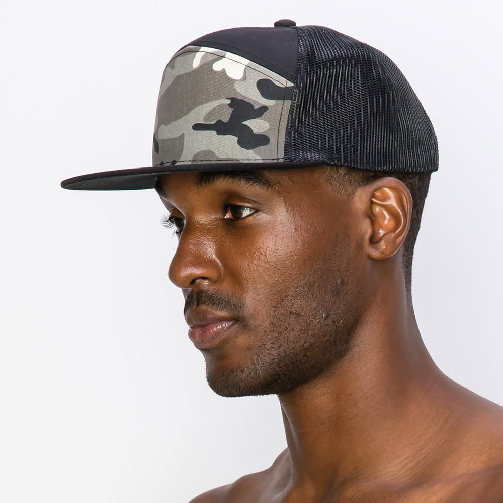 7 Panel Snap Back Flat Bill with Adjustable snap (Black) (Black camo with Black mesh)