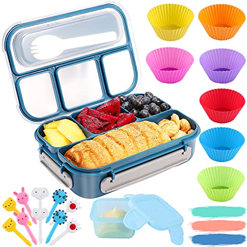 Bento Lunch Box for Kids,Bento Box Adult Lunch Box Containers,1300ML-4 Compartment Lunch Containers for Kids/Adults,with 7 Cake Cups 10 Food Picks,BPA-Free,Microwave Dishwasher Freezer Safe (Blue)