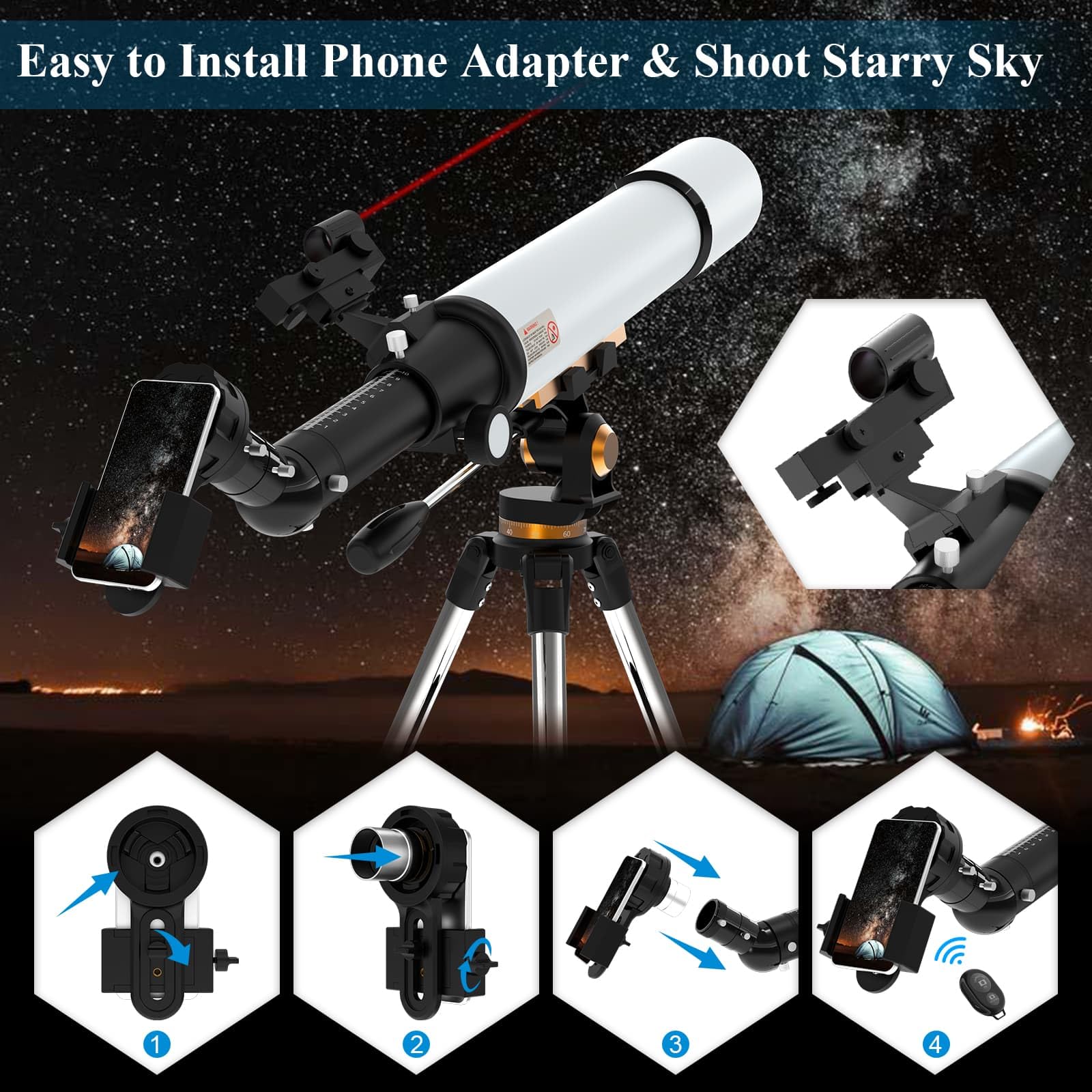 90mm Aperture Telescope for Adults High Powered, 600mm Refracting Multi-Coated Telescope for Adults Astronomy & Kids & Beginners (24X-300X) with Tripod,Carrying Case,Barlow,Phone Adapter