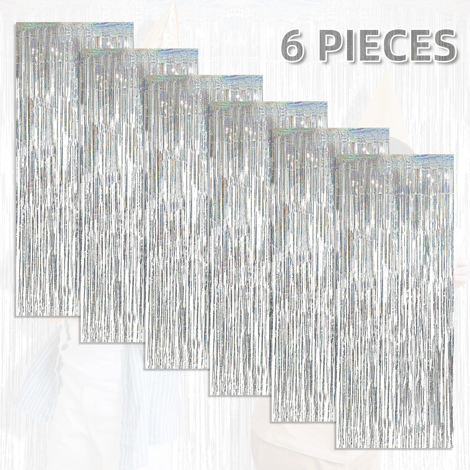 6 Pack Foil Fringe Backdrop Curtains, 3.28 x 8.2 ft Laser Silver Tinsel Streamers Metallic Tinsel Foil Fringe Curtains Photo Booth Backdrop for Birthday Bridal Shower Christmas Party Decorations