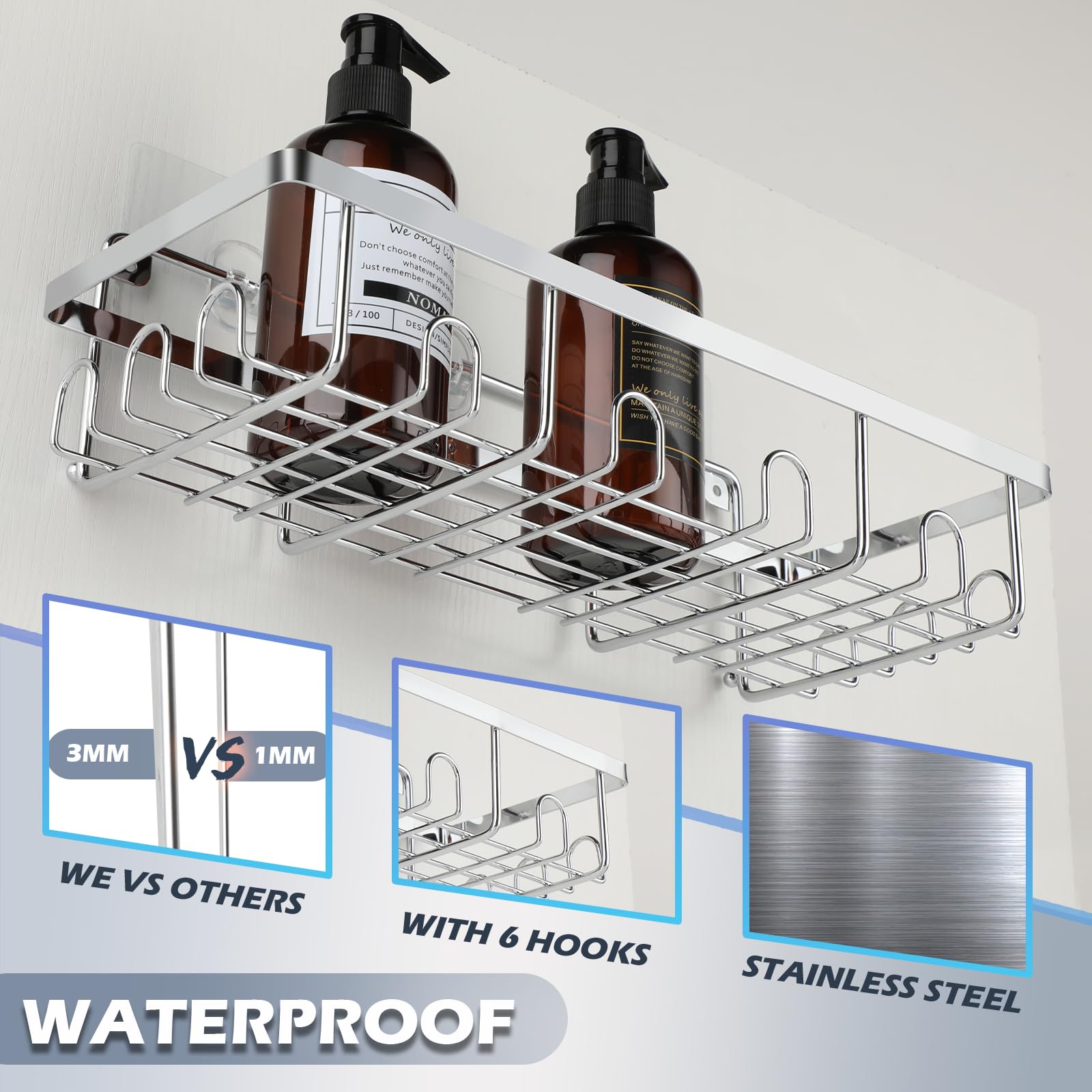 Adhesive Shower Caddy Organizer for Bathroom - Tile Shower Shelf for Inside Shower with Soap Holder, Adhesive No Drilling Traceless Organization and Storage Basket Shelf For Bathroom and Kitchen
