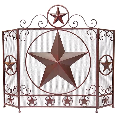 BestGiftEver 3-Panel Fireplace Screen Decorative with Rustic Brown Star Detail - Stand Alone Fireplace Cover Metal Mesh Screen - Home Decor for Cabin, Lodge, and Rustic Country Style Firescreen