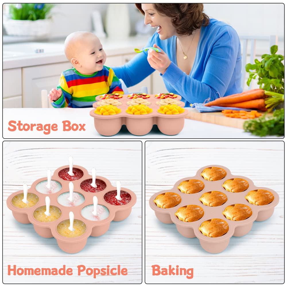 KingKam Baby Food Storage Container - 9x2.5oz Silicone Freezer Tray with Clip-on Lid - Oven & Dishwasher Safe- Easy-Out Portions, 100% Food Grade Safe