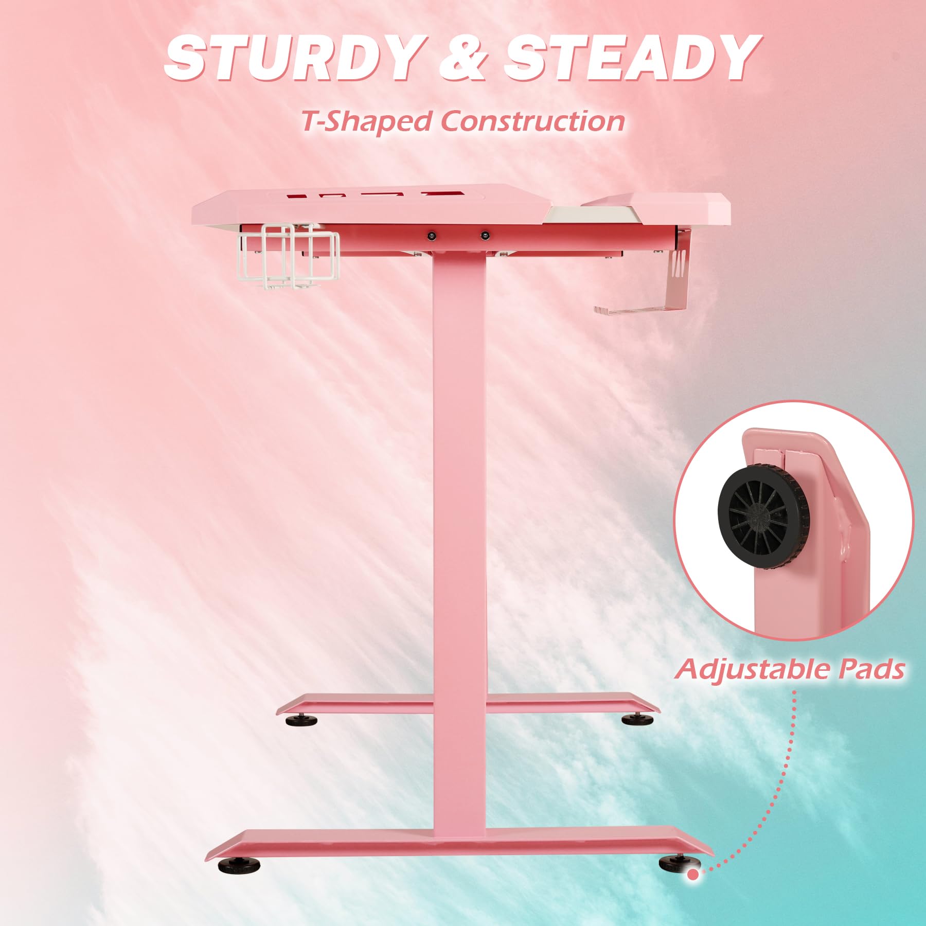 44 Inch T Shaped Gaming Desk, Pink PC Computer Gaming Table Standing Home Office Desk with Mouse Pad & Game Handle Rack, Study Writing Workstation with Outlet Tray Cup Holder Headphone Hook
