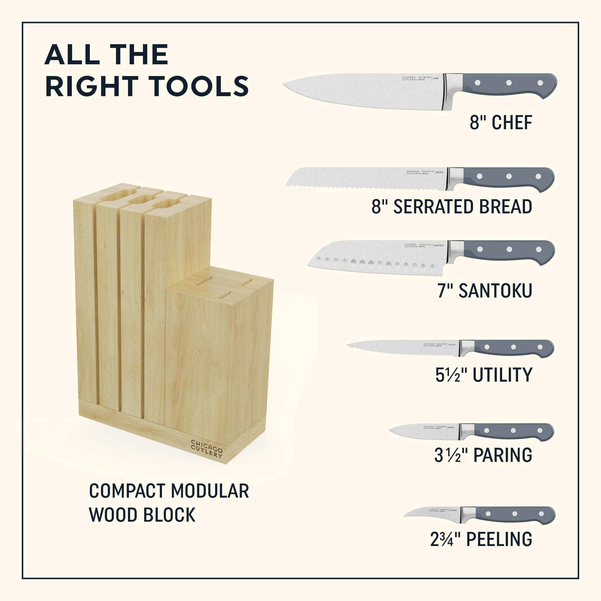 Chicago Cutlery Halsted (7-PC) Steak Knives & Wooden Block Set, Ergonomic Handles and Sharp Stainless Steel Professional Chef Cutlery Set