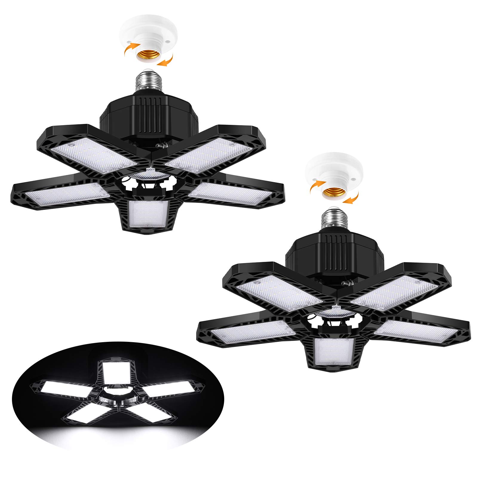 80W LED Garage Light 2 Pack, Garage Ceiling Light,8000 Lumen Adjustable Light LED Garage Day Light with Five Deformable Panels for Garage Workshop